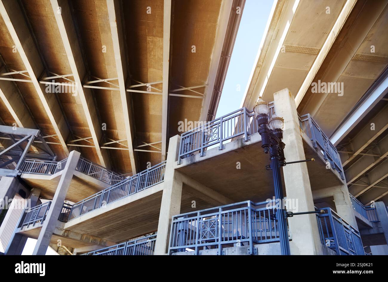 Low angle view of underneath a highway bridge and pedestrian footpath ...