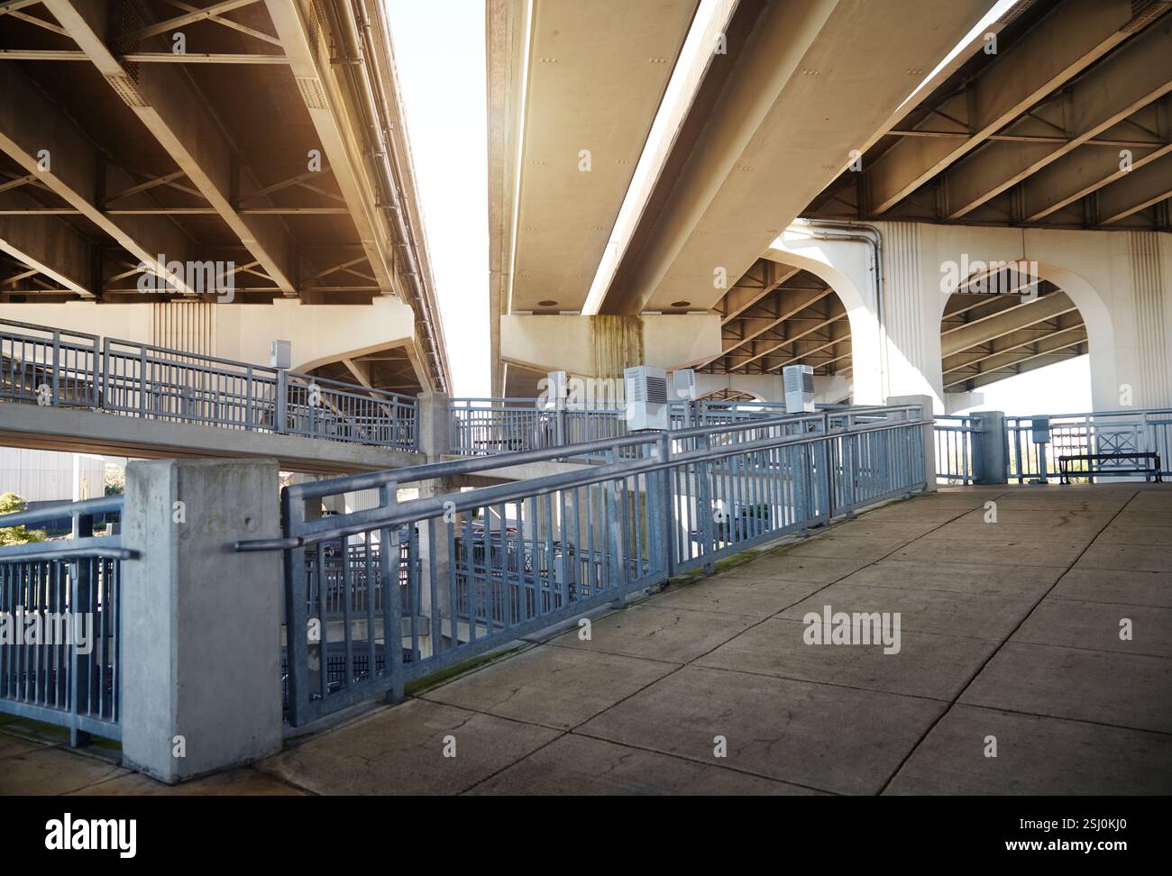 View of underneath a highway bridge and pedestrian area Stock Photo - Alamy