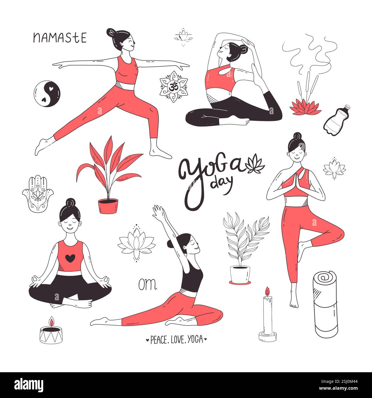 Young woman in different yoga poses. Vector hand drawn yoga symbols, om ...