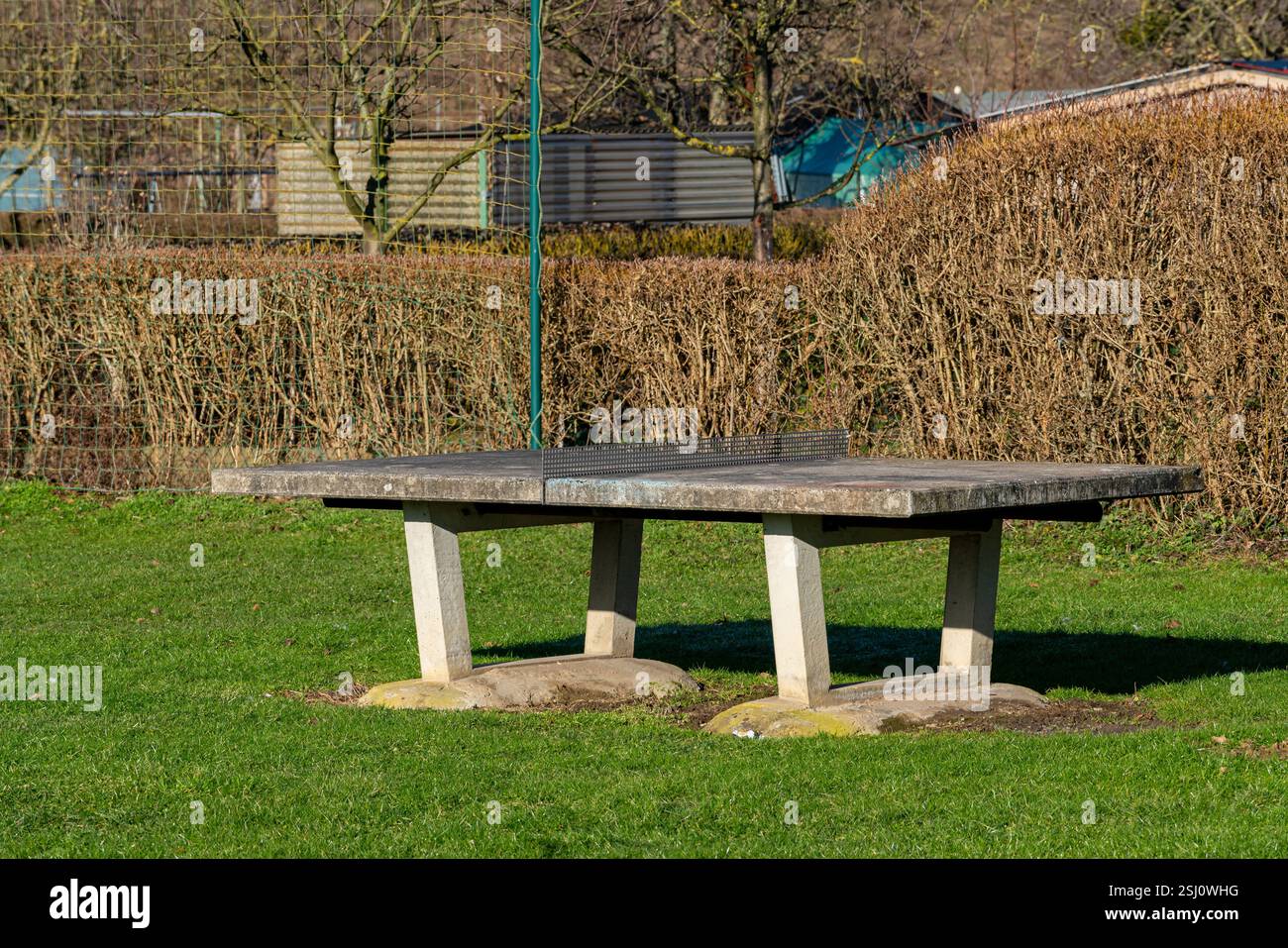 A sturdy concrete picnic table stands in a vibrant green park ...