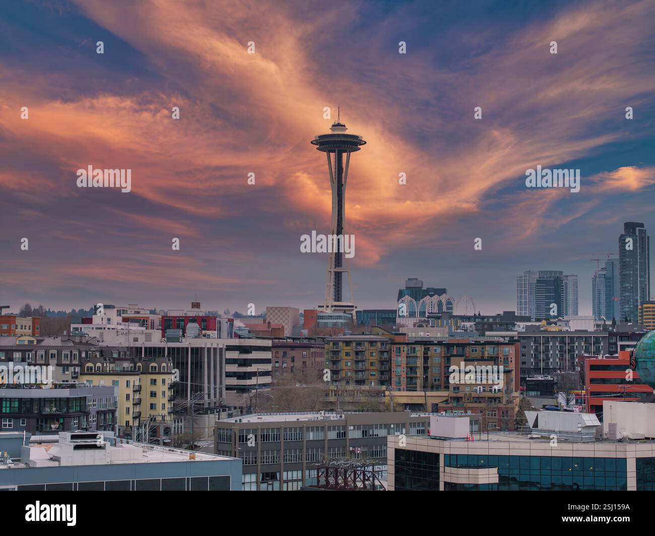 Aerial View of Seattle Skyline Featuring Space Needle at Sunset Stock ...