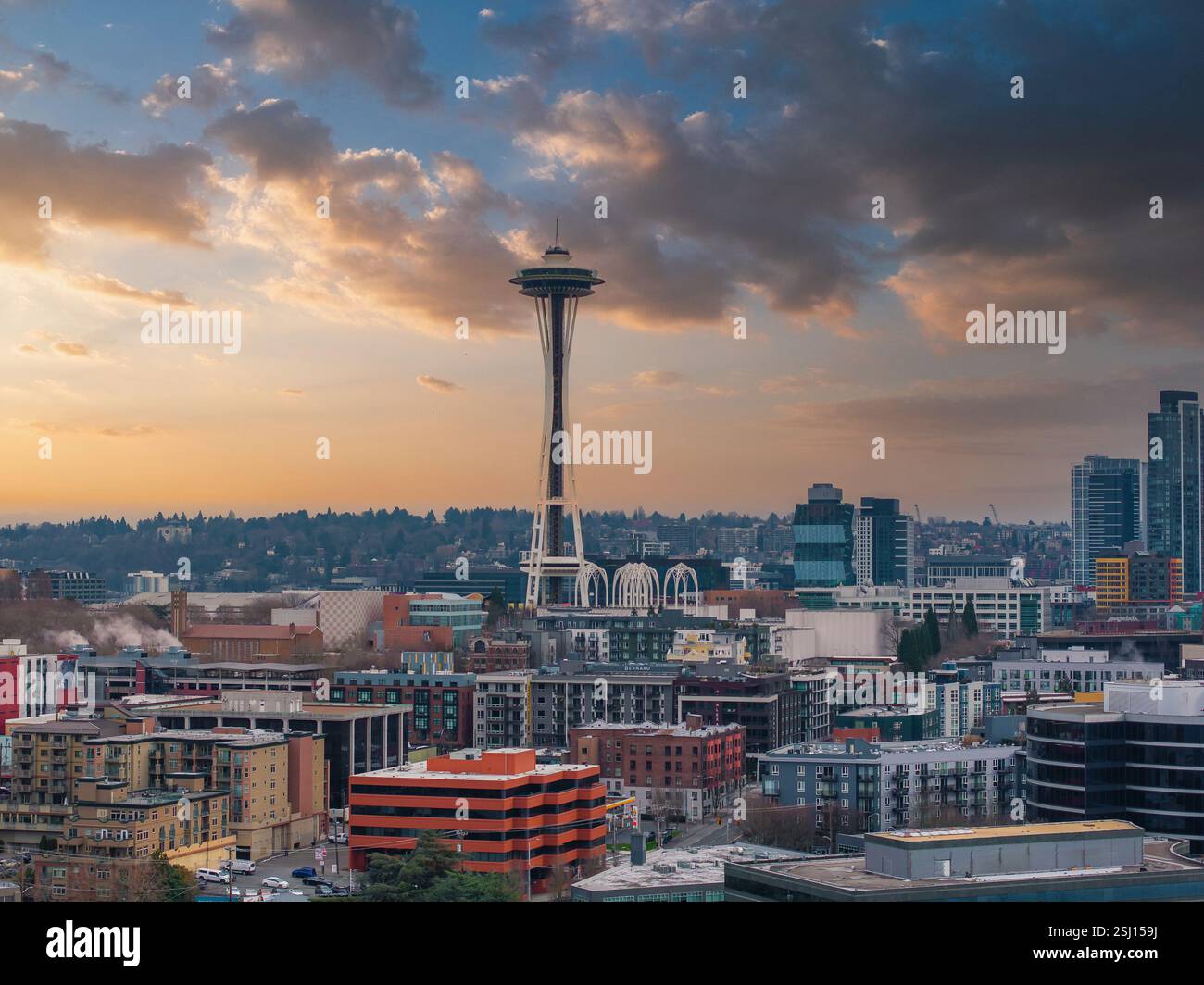 Aerial View of Downtown Seattle Featuring the Space Needle at Sunset ...