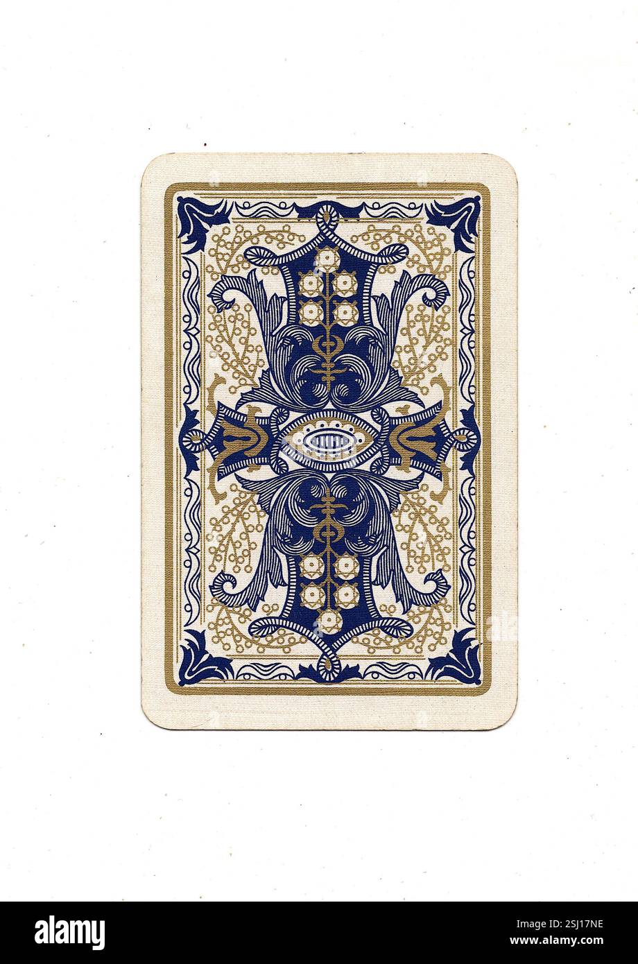 A vintage playing card back in blue and gold isolated on a white ...