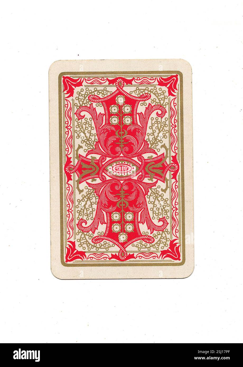 A vintage playing card back in red and gold isolated on a white ...