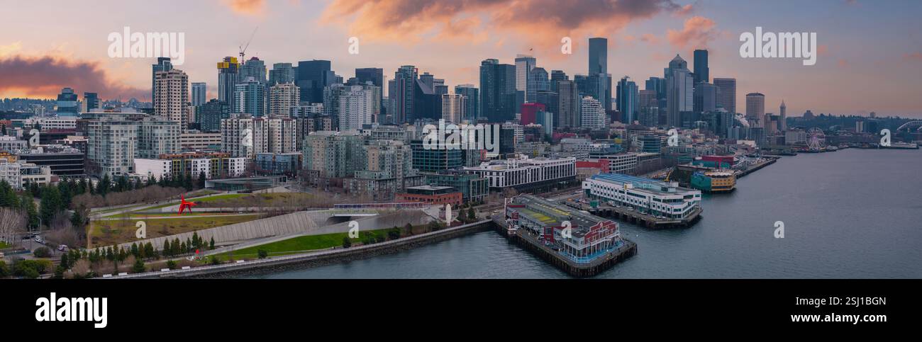Aerial View of Seattle Skyline, Space Needle, and Waterfront at Sunset ...