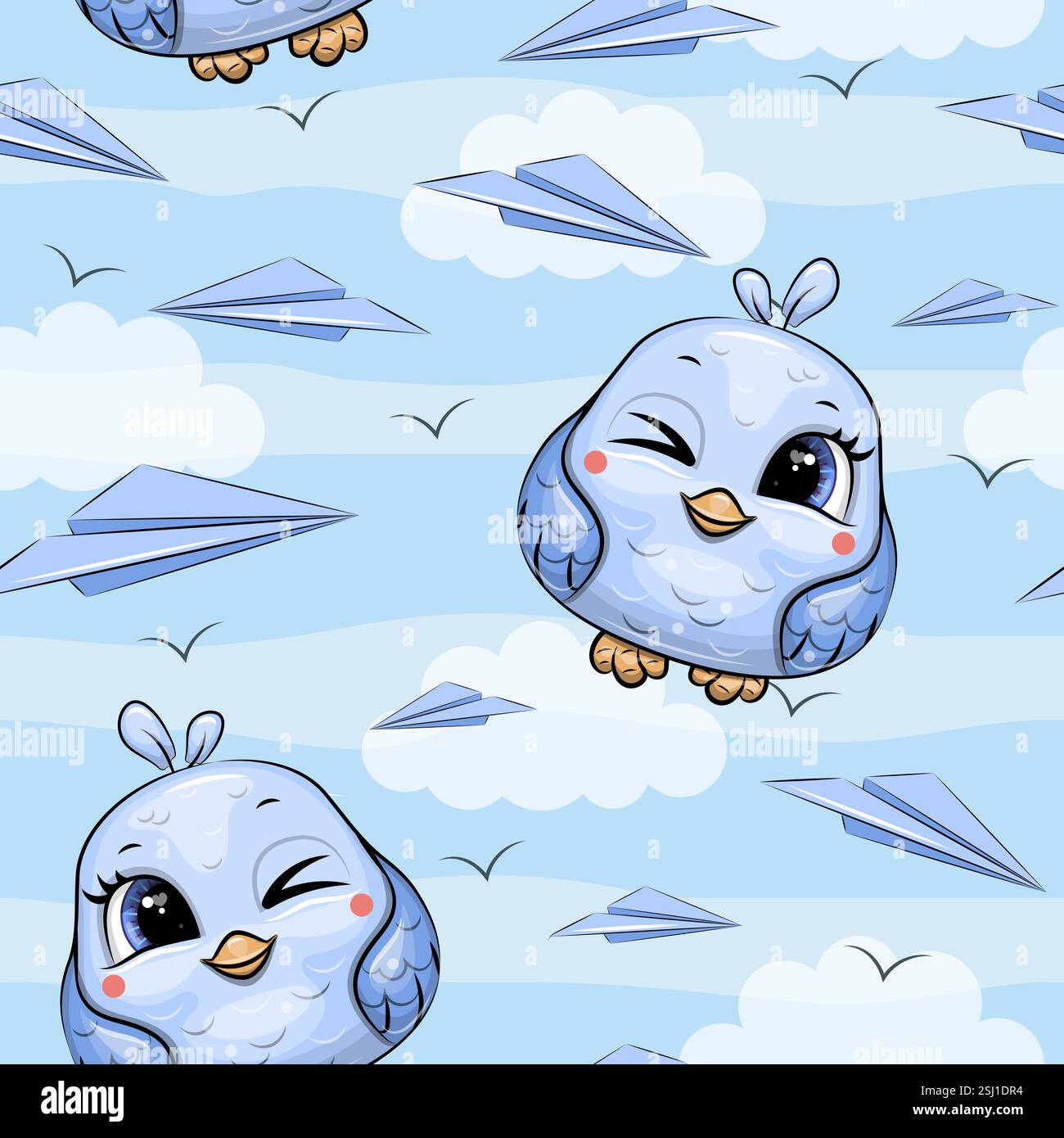 Seamless pattern with blue birds and paper airplanes. Cute cartoon ...