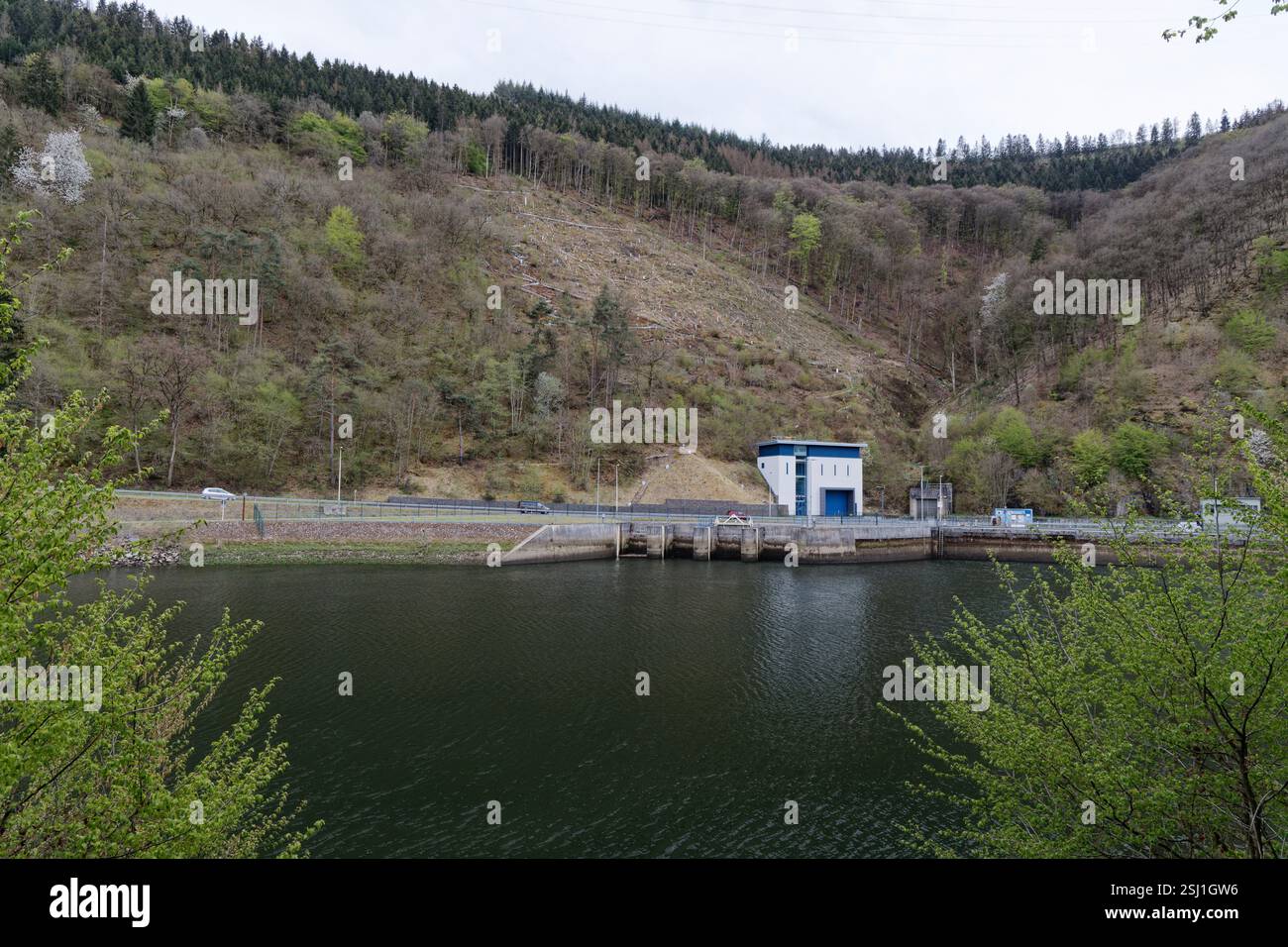 Lower reservoir of the Vianden pumped storage plant with a cavern with ...