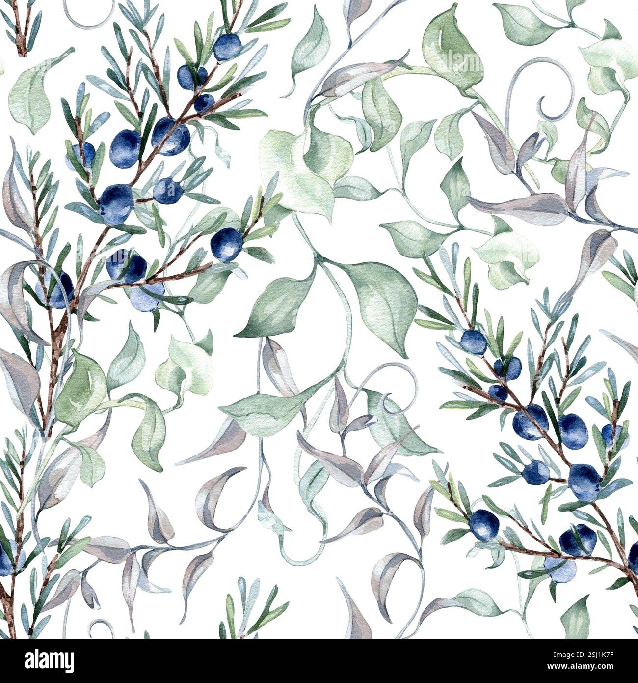 Juniper twigs and winding vines in sage green hand painted seamless ...