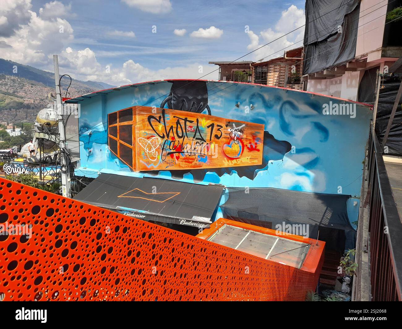 Colourful graffiti on a wall at Comuna 13, Medellin, Antioquia ...