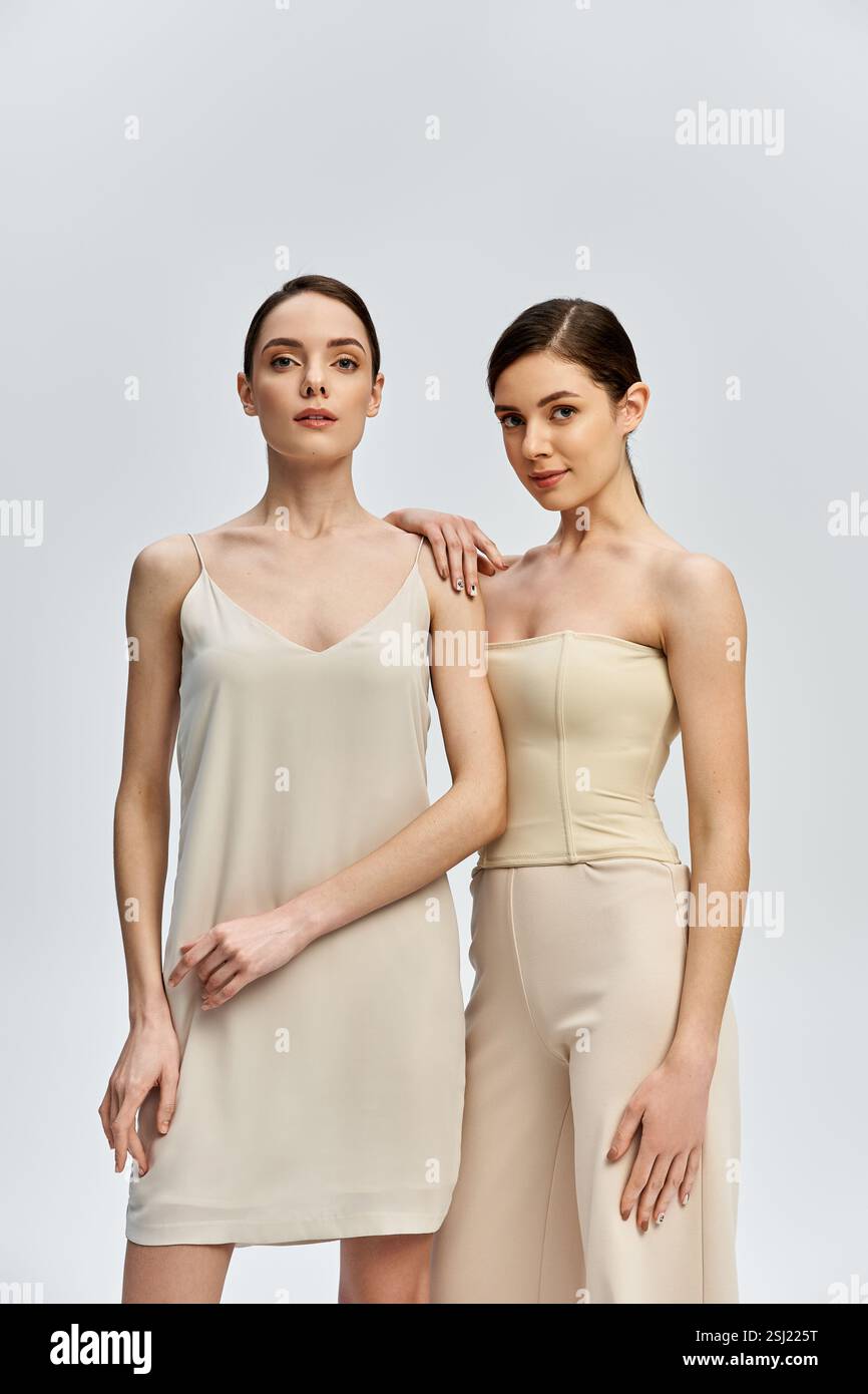 Two beautiful sisters stand close, exuding grace in elegant outfits ...