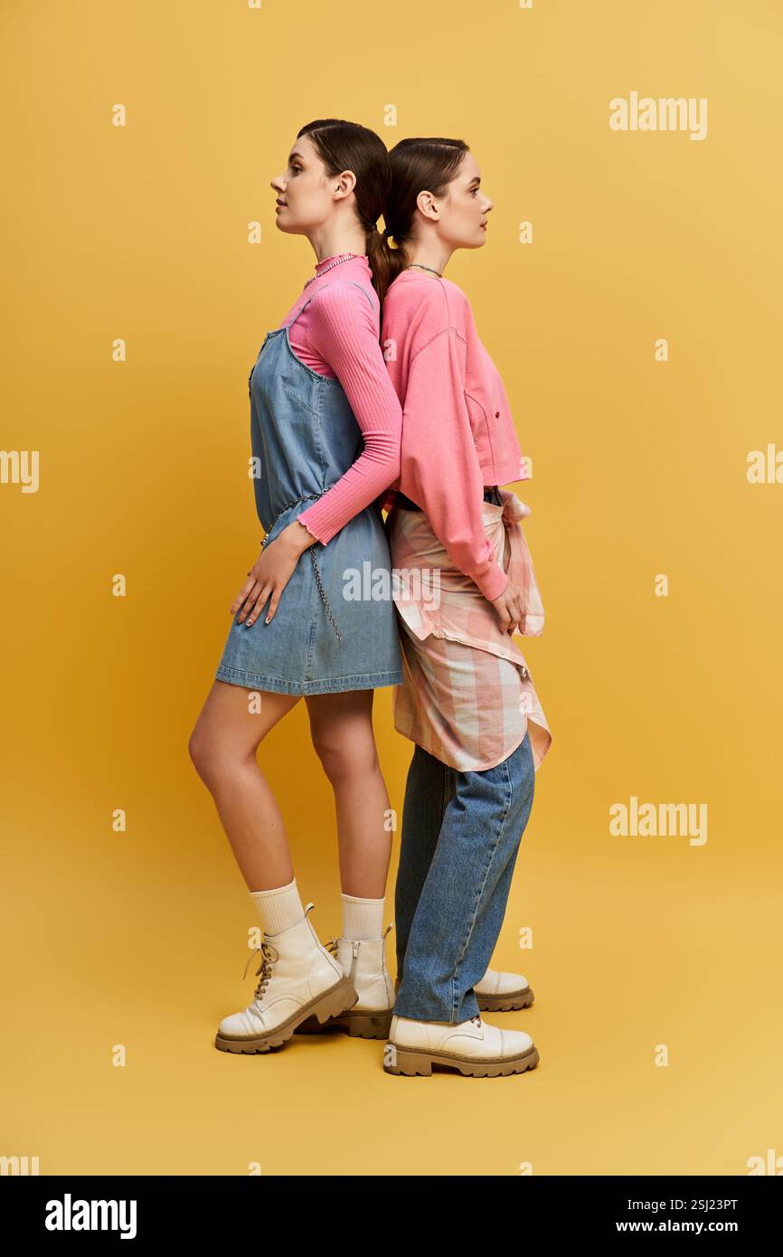 Two beautiful twin sisters stand back to back, wearing stylish outfits ...