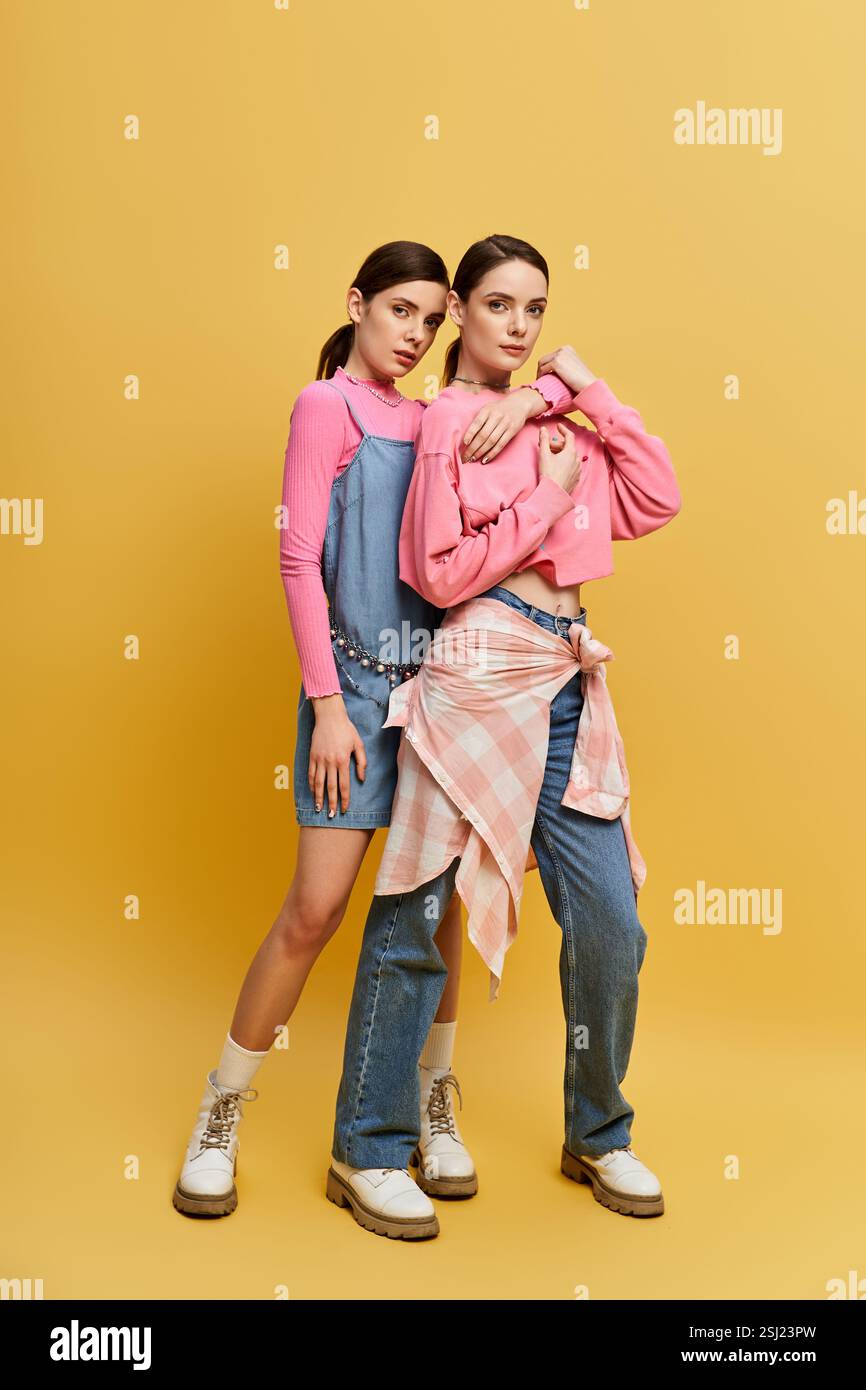 Two pretty sisters stand confidently together, showcasing their stylish ...