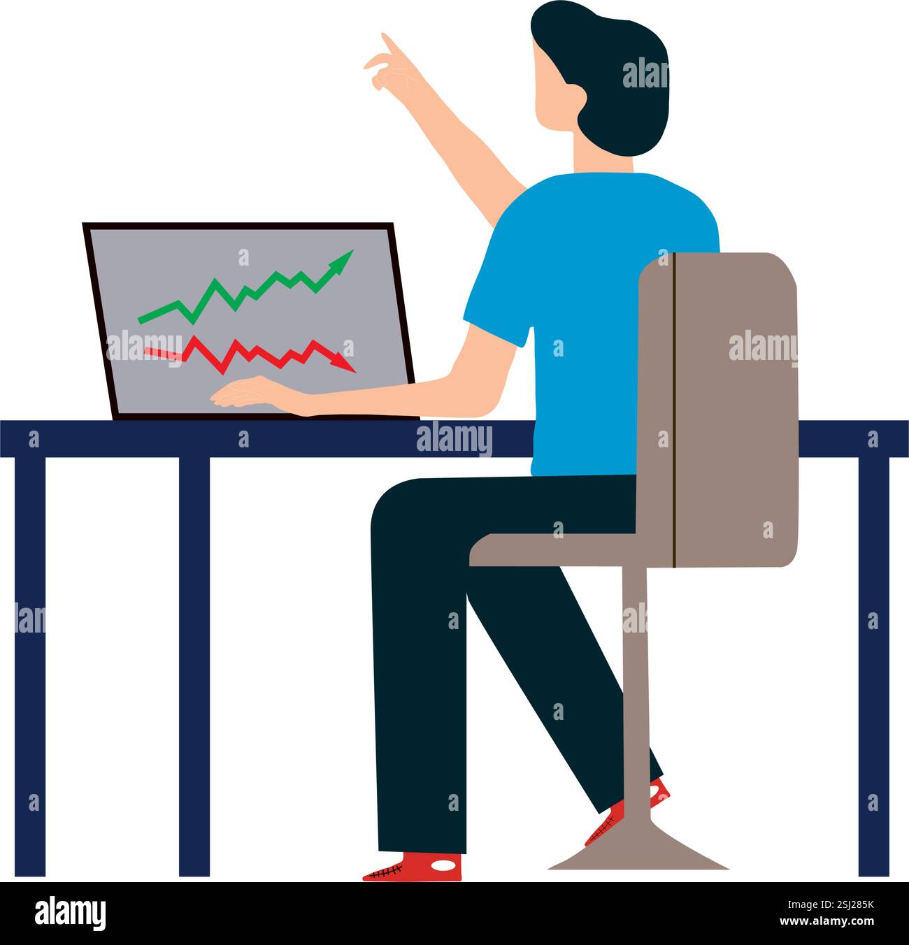 Man with a computer with pointing bars chart on a desk on a white ...