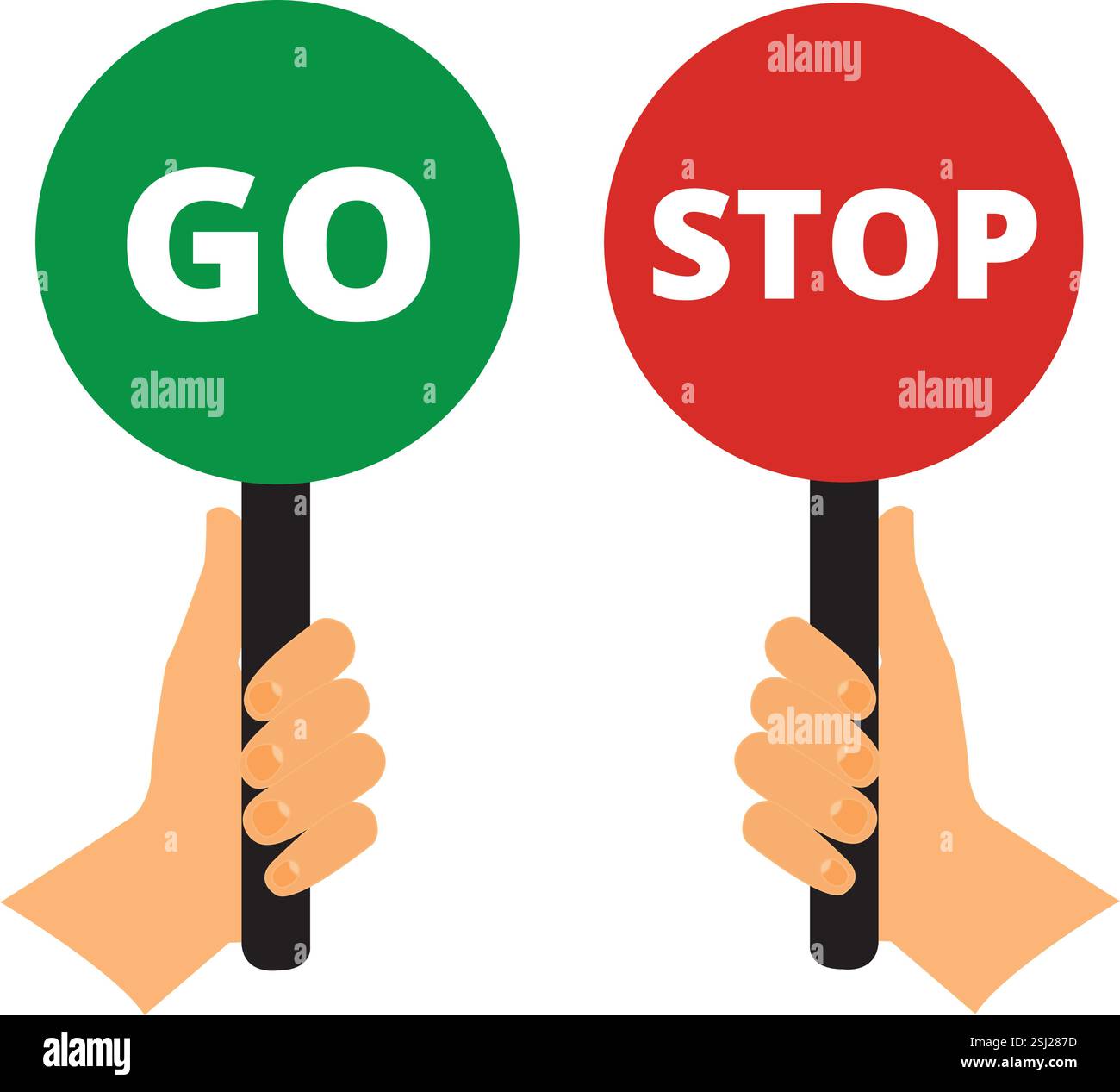 Hands holding red and green round signs with go and stop words written ...