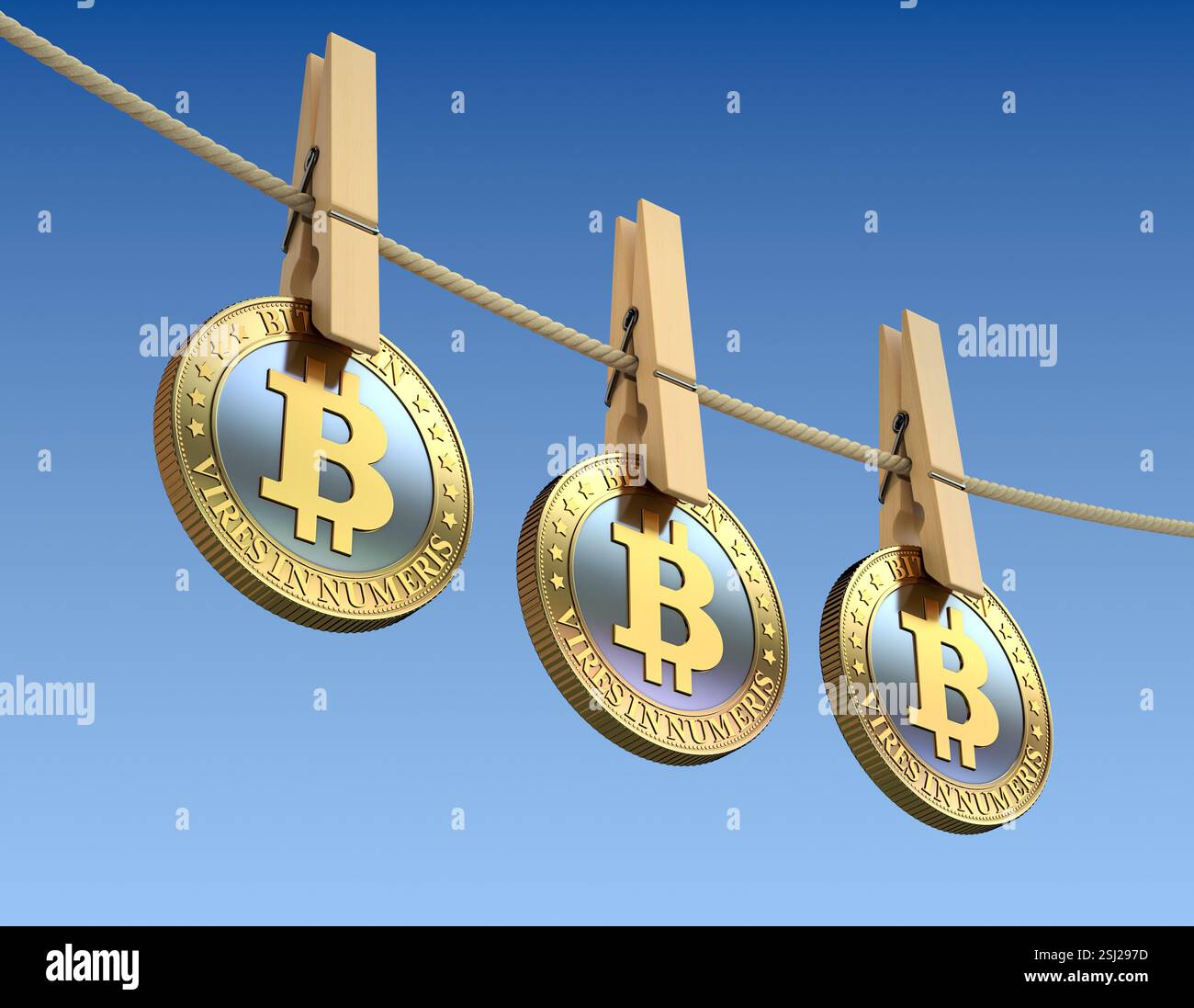 3D money laundering concept with bitcoins and wooden clothespin - 3D ...