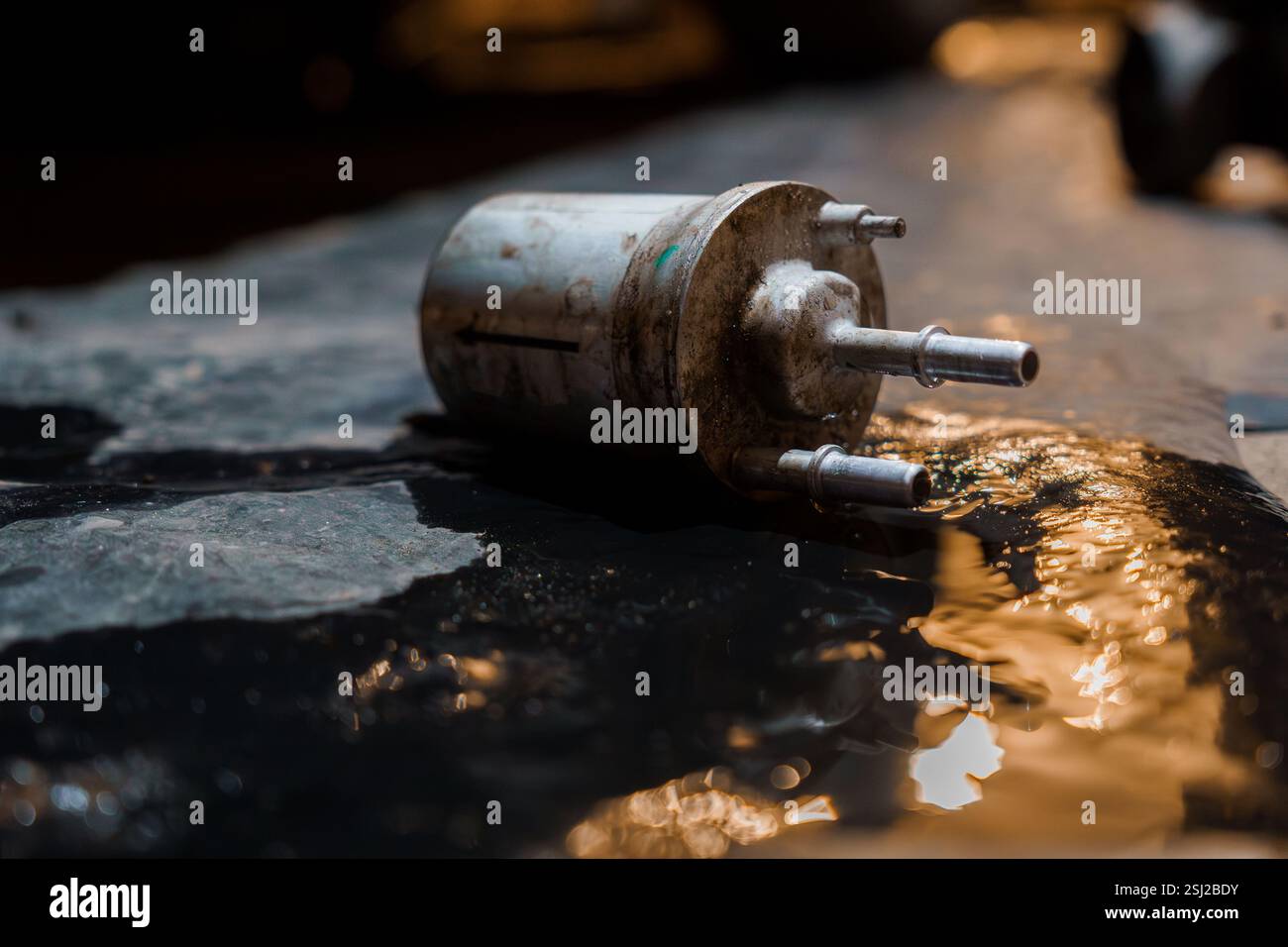 Industrial Fuel Filter Lying on a Wet Surface in a Dimly Lit ...