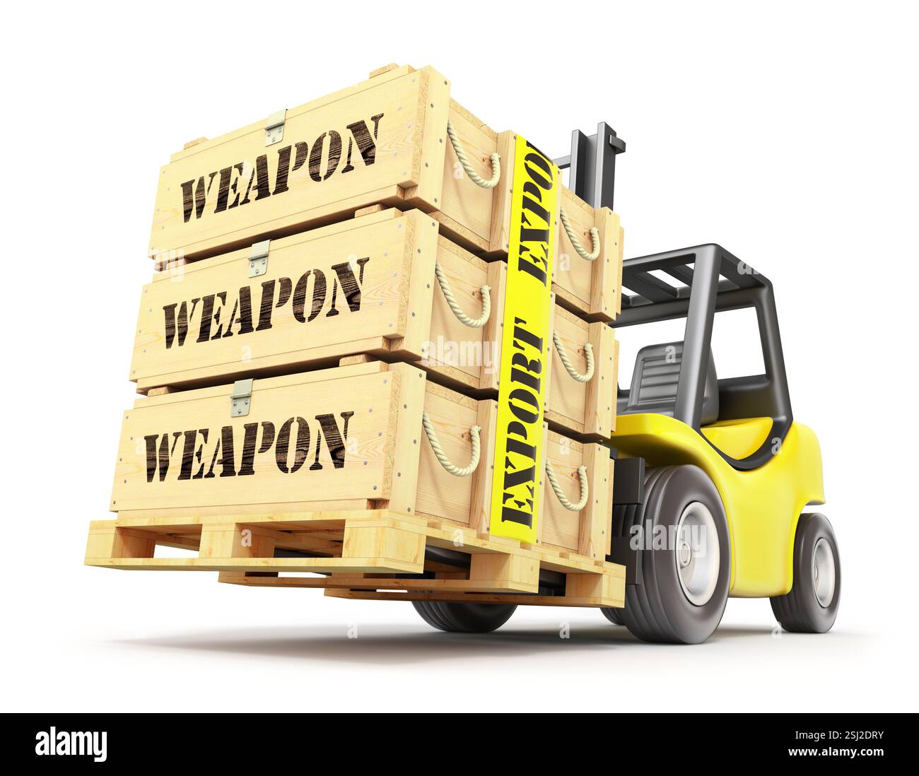 Weapon export concept with forklift and weapon crates - 3D illustration ...