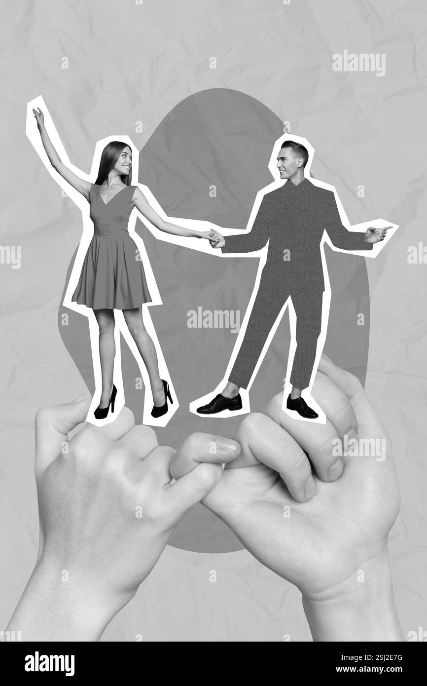 Vertical collage portrait of two arms hold pinky fingers mini people ...