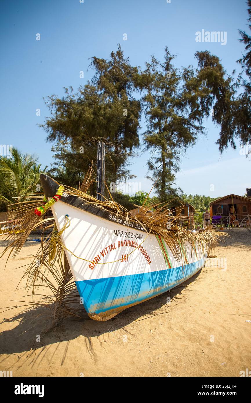 Palm trees and fishermen's boats on the golden sands of Agonda beach in ...
