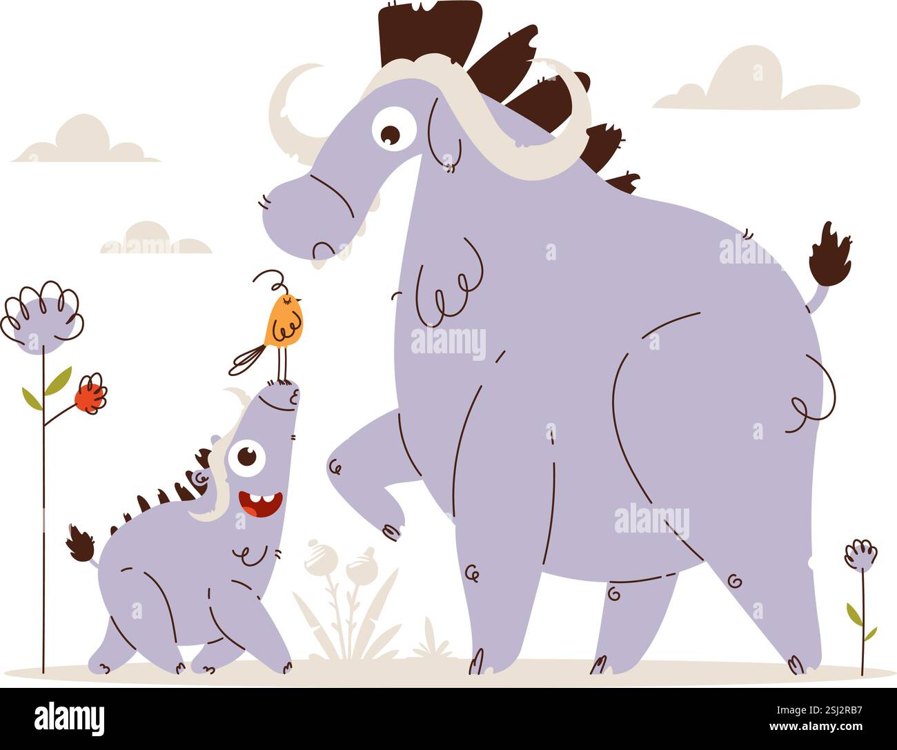 Cute cartoon illustration of a buffalo parent and baby interacting with ...
