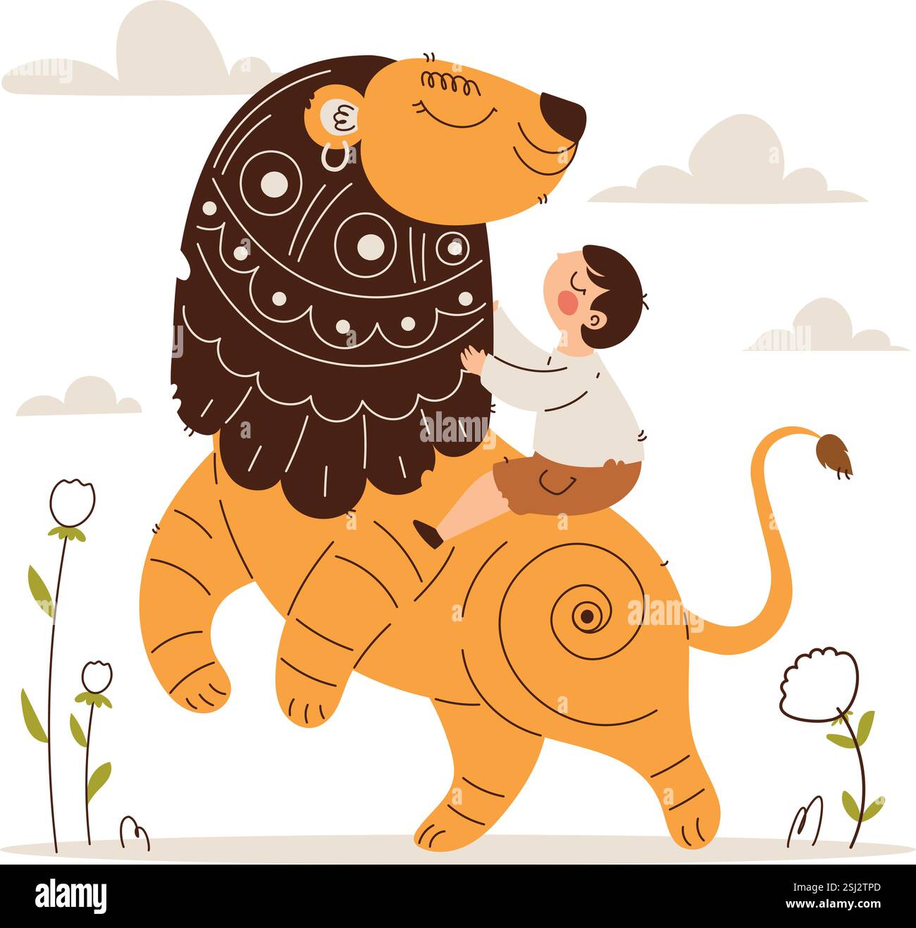 Whimsical illustration of a happy boy hugging a decorative lion in a ...