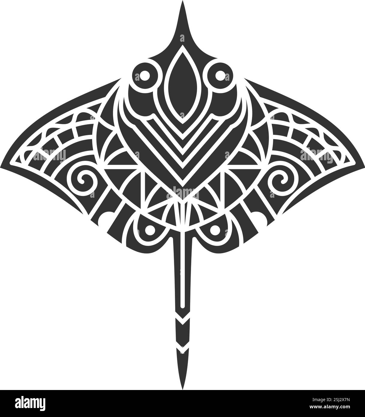Black and white symmetrical manta ray illustration with detailed tribal ...