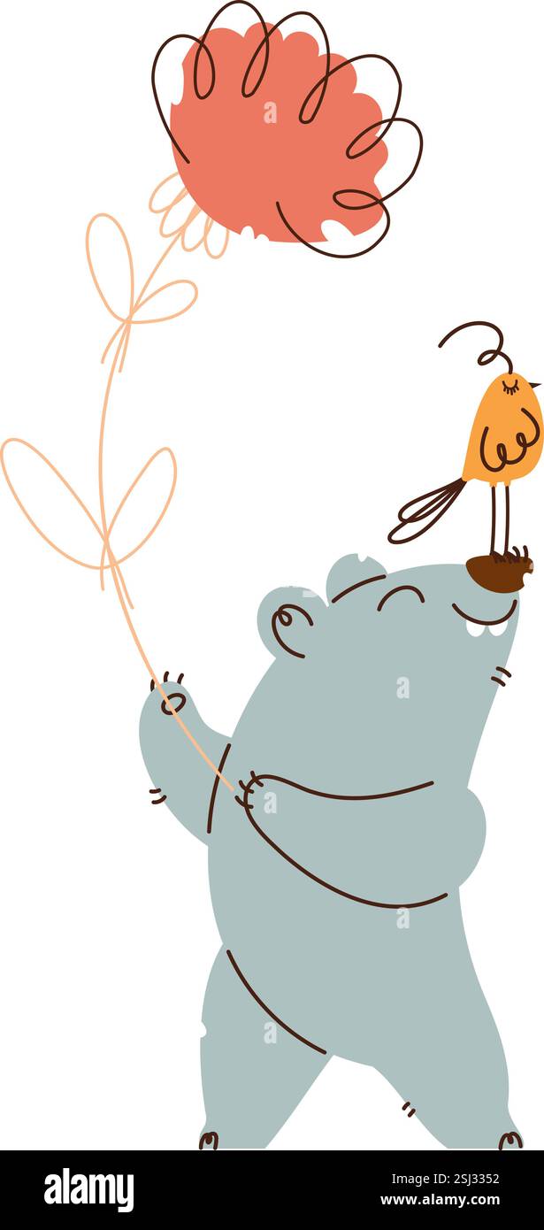 Whimsical digital illustration of a happy bear holding a flower while a ...