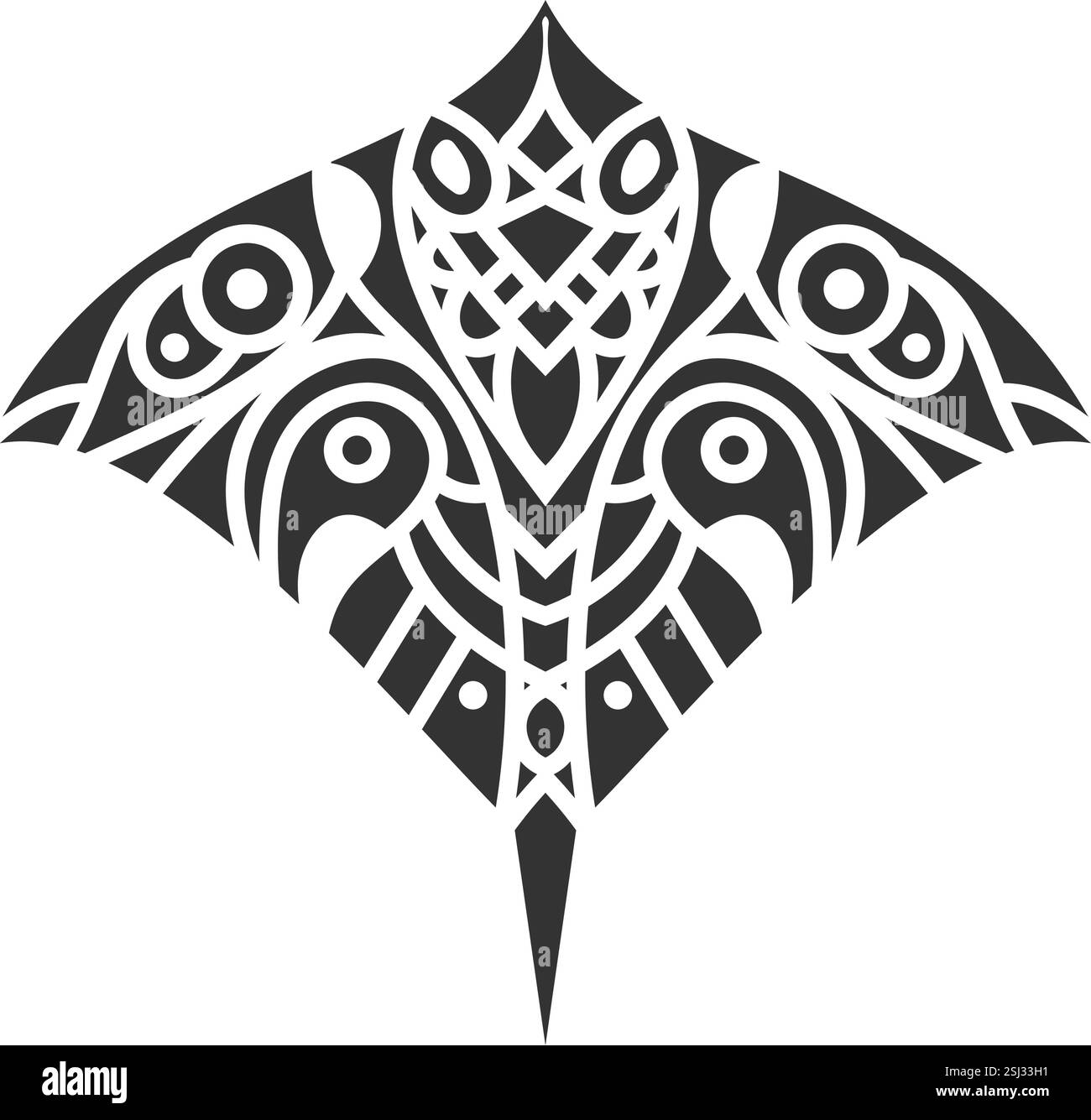 Black and white tribal-style manta ray illustration featuring intricate ...
