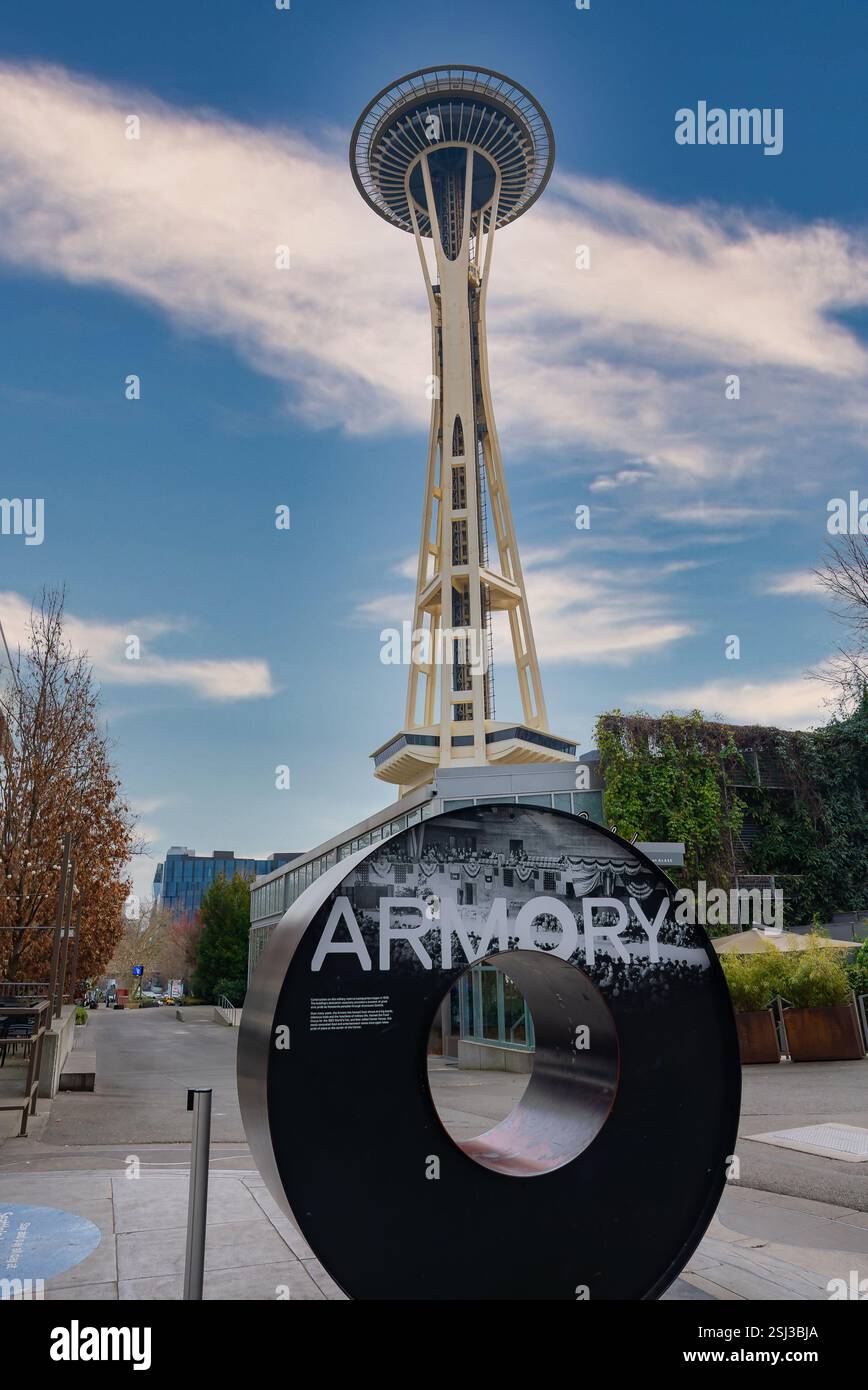 Space Needle and Armory Building in Seattle with Blue Sky and Trees ...