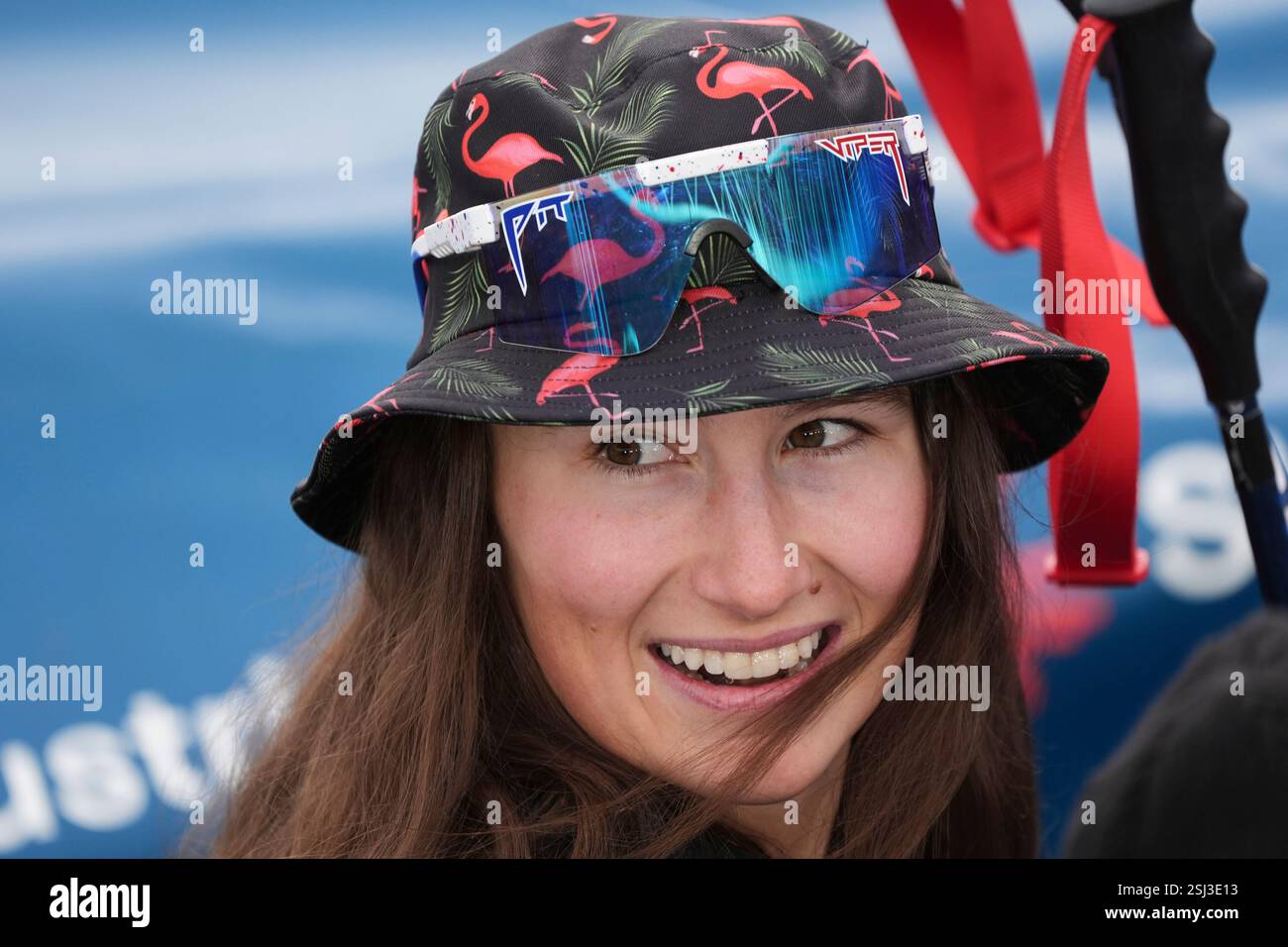 United States' Lauren Macuga smiles at the finish area of a slalom run ...