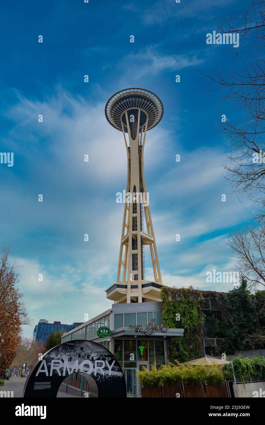 Space Needle and Armory Building Framed by Trees in Seattle, USA Stock ...