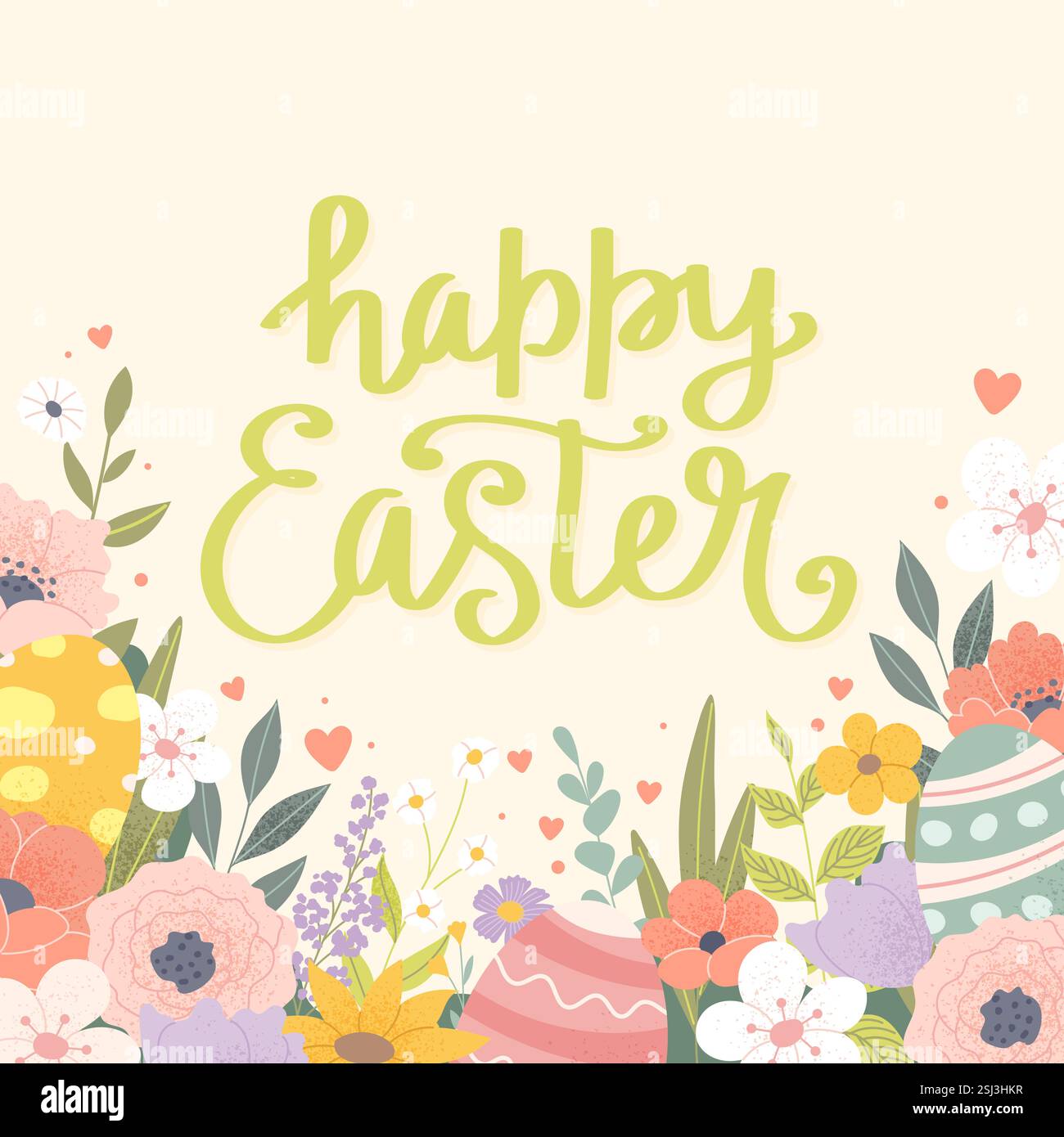 Happy Easter greeting card with lettering, flowers and decorated eggs ...