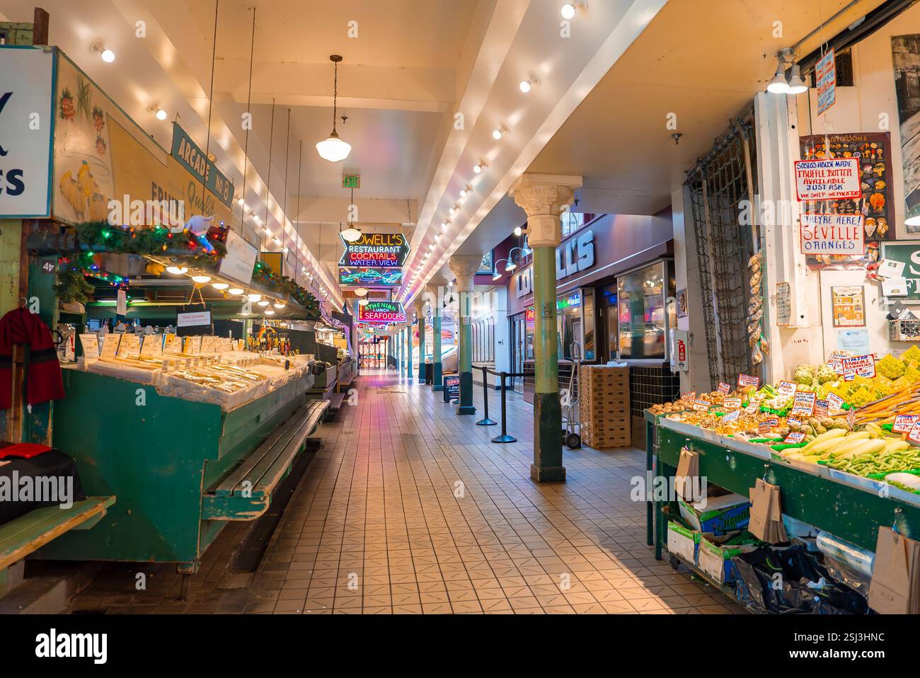 Interior of Pike Place Market with Neon Signs and Vendor Stalls Stock ...