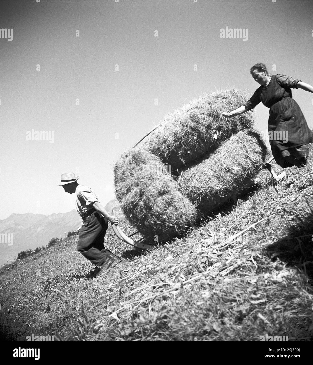 Bauernpaar beim Transport von Wildheu auf Schlitten#Farmer couple ...