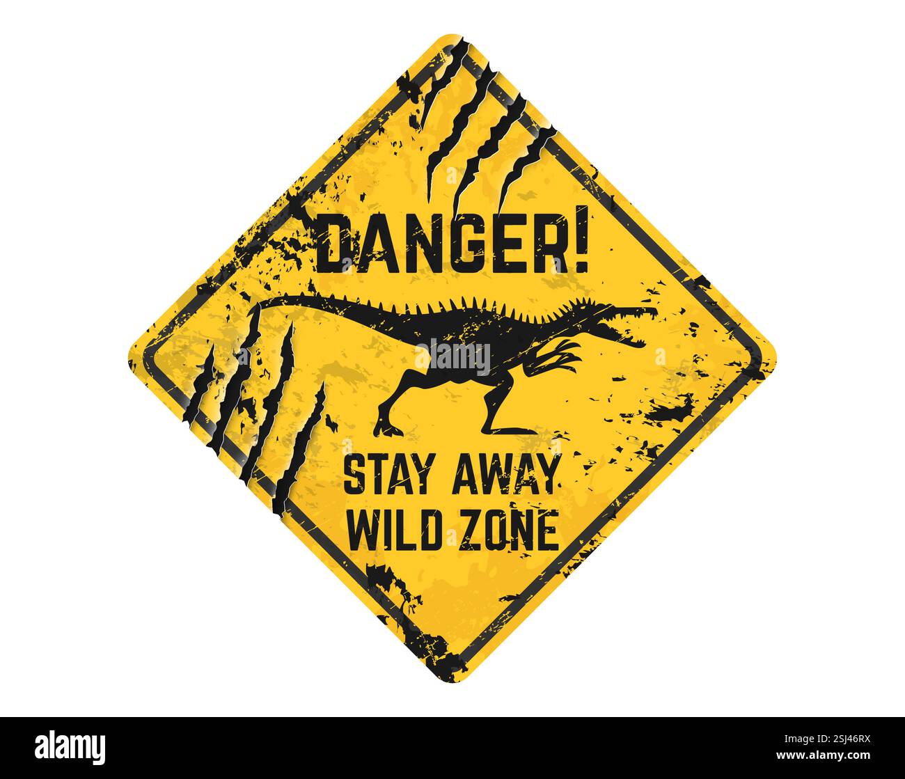 Spinosaurus dinosaur warning grunge metal sign board with claw ...