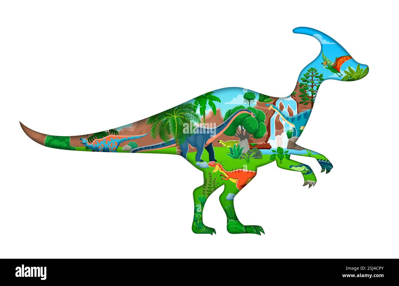 Paper cut dinosaur silhouette with prehistoric landscape and dino ...