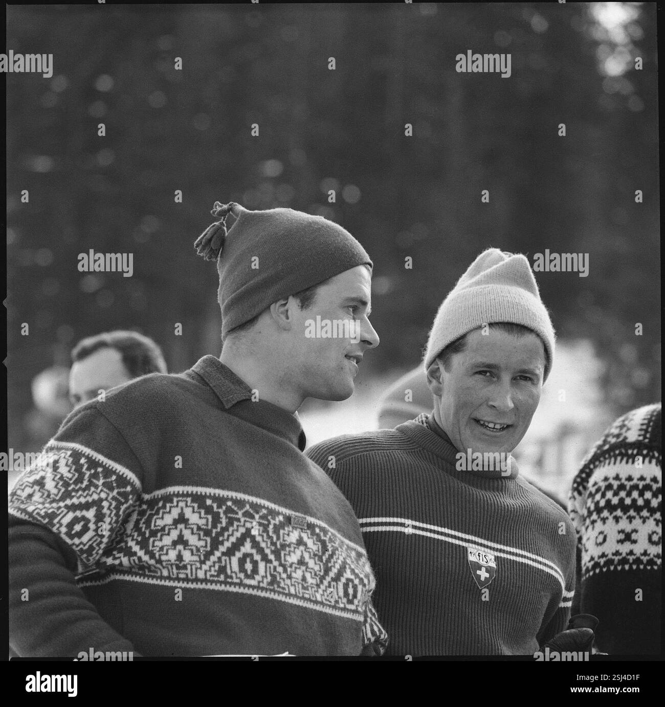 Skirennfahrer Jos Minsch und Adolf Mathis, um 1960#Racing skier Jos Minsch and Adolf Mathis ...