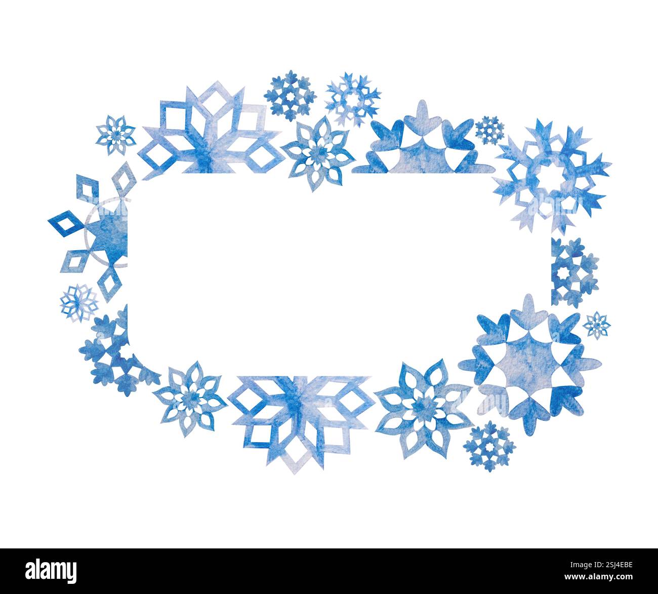 Blue snowflakes template for inserting text. Hand drawn watercolor ...
