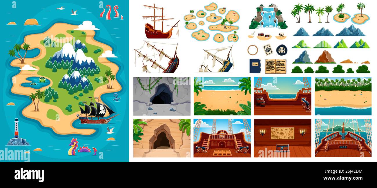 Pirate game assets with sunken ships, tropical treasure island, ship ...