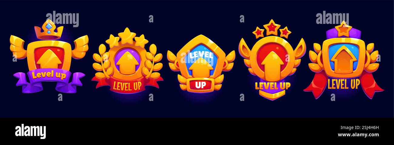 Level up ui game medal reward, rate icons or badges depicting user ...