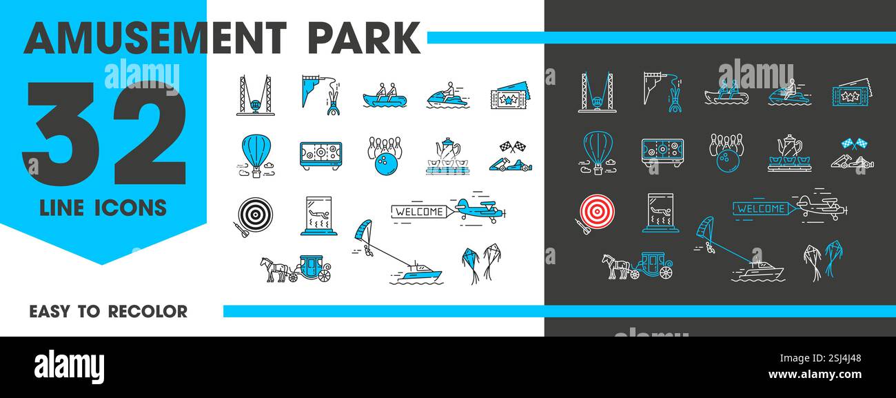 Amusement park line icons of funfair rides or attractions, vector ...