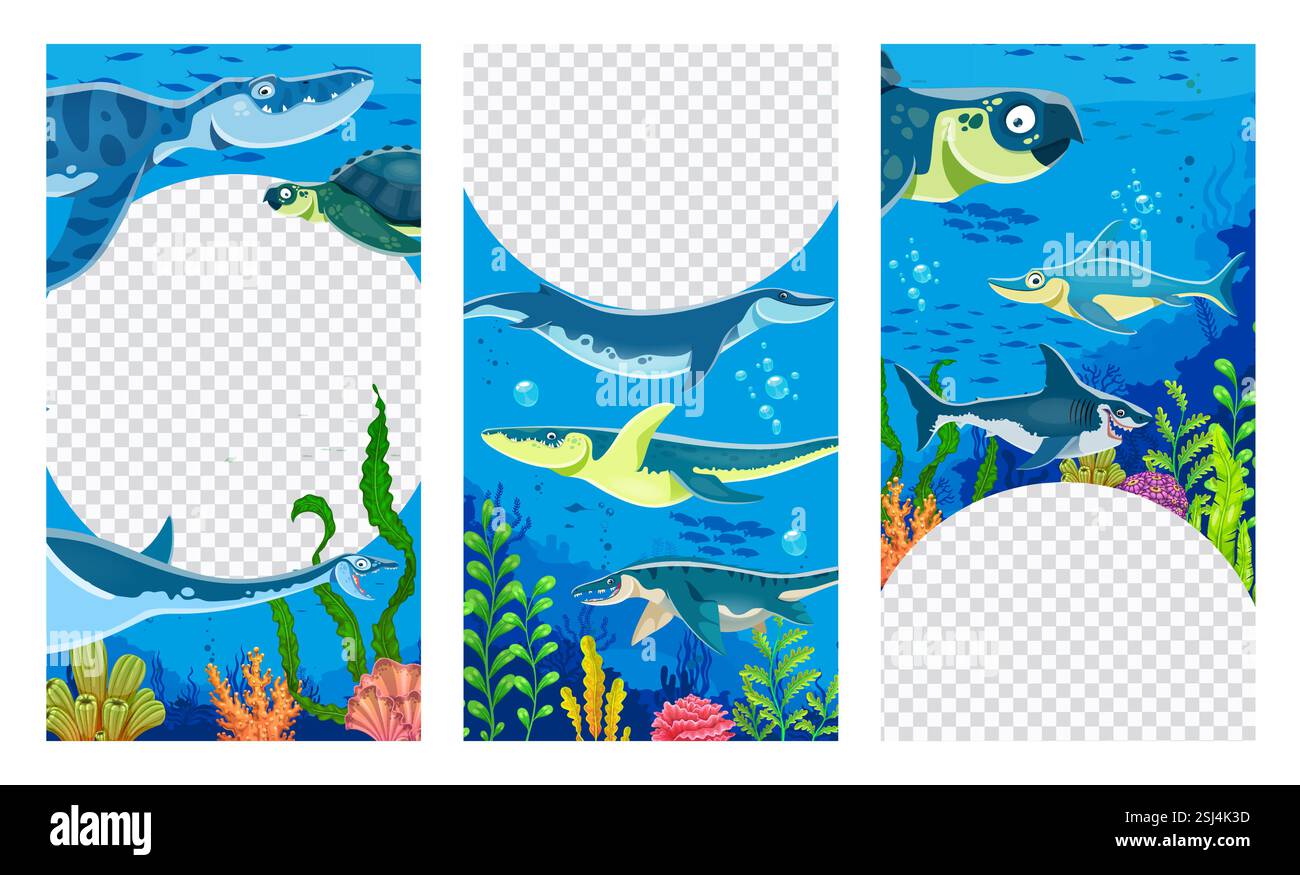 Kids dino party flyer templates with underwater dinosaur reptiles ...