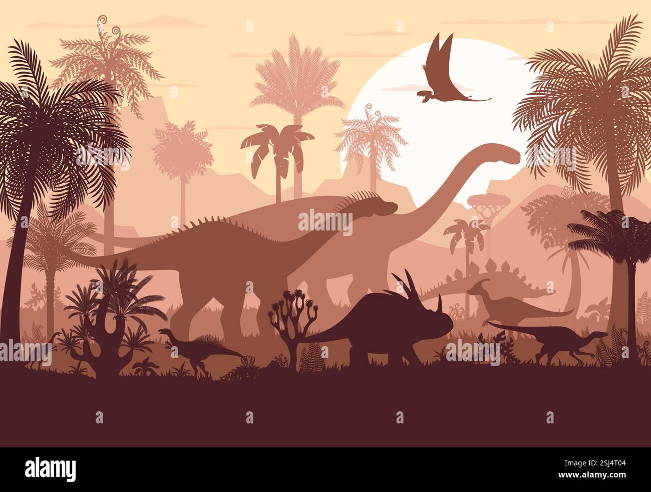 Tropical jungle forest with prehistoric dinosaur silhouettes, vector ...