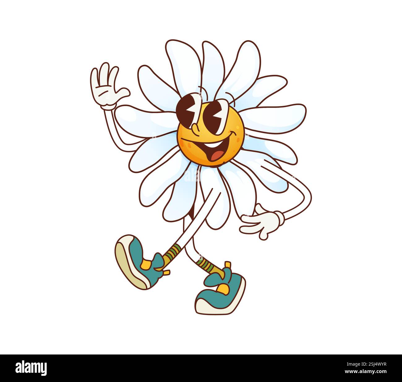 Groovy daisy chamomile character in retro cartoon, vector hippie flower ...