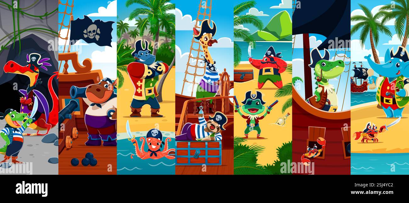 Cartoon funny animal pirate and corsair characters collage. Vector happy crocodile, elephant ...