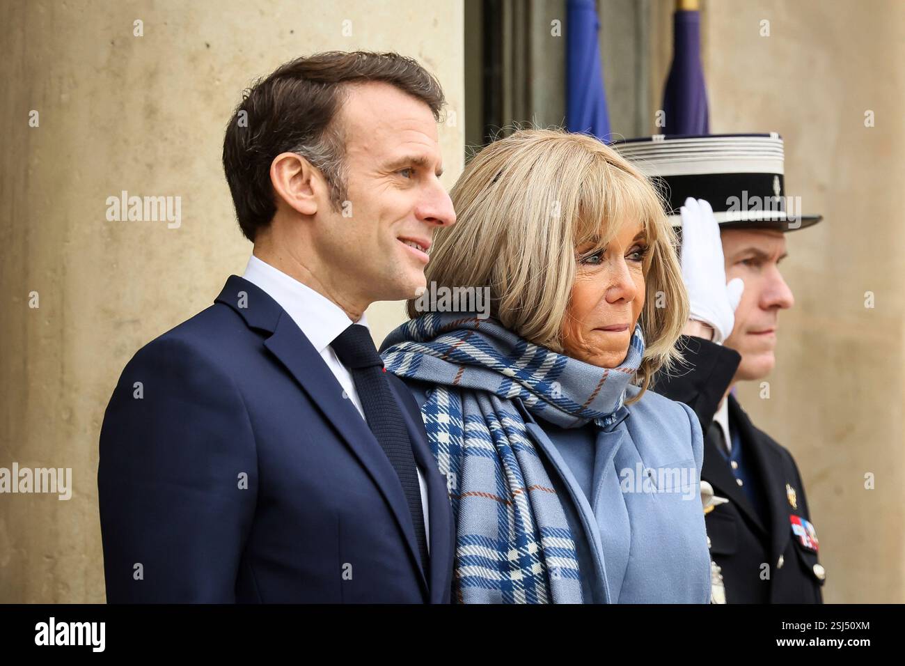 French President Emmanuel Macron and Brigitte Macron wait for the ...