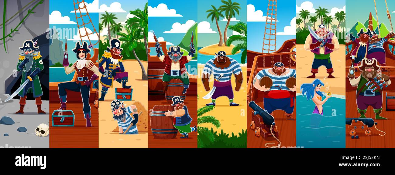 Cartoon pirate and corsair characters collage with vector captain ...