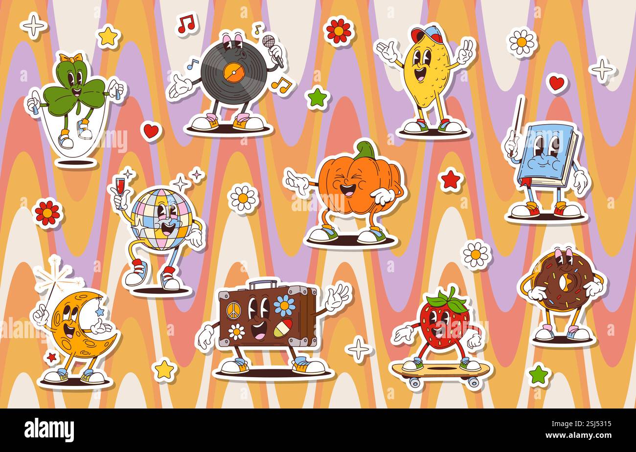 Cartoon groovy characters stickers pack. Retro hippie disco ball, vinyl ...
