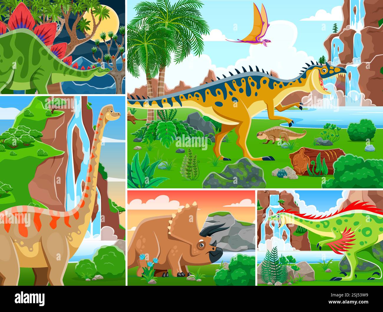 Prehistoric dinosaur characters collage of cartoon Jurassic lizards in ...