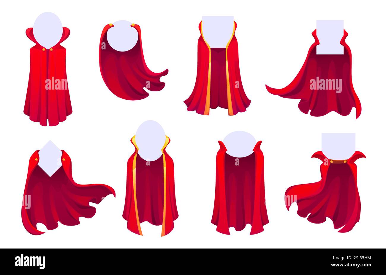 Red superhero capes, cartoon super hero cloak with empty banners or ...